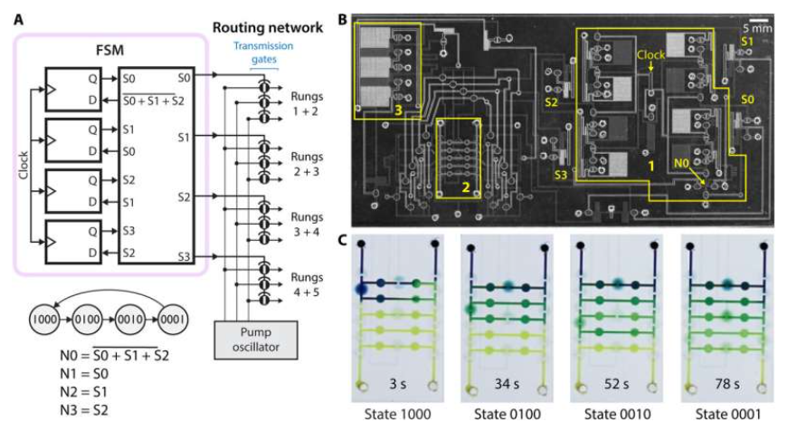 FSM implemented as pneumatic circuit via microfluidic valves to create ...